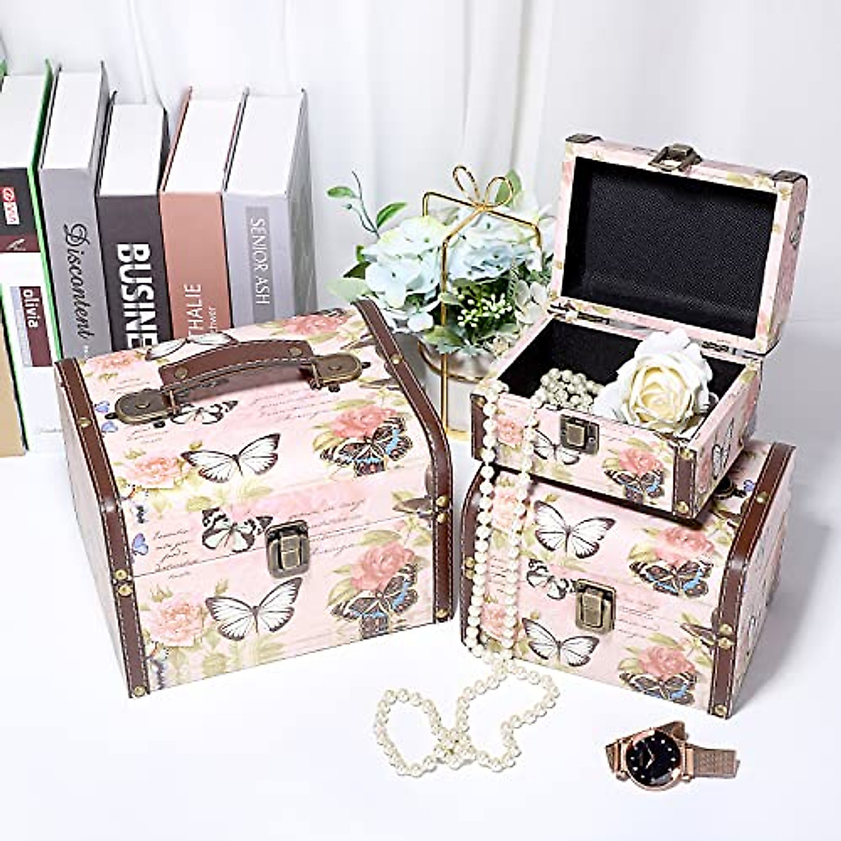 ELLDOO Set of 3 Butterfly Treasure Chest Box, Wooden + PU Leather Storage Decorative Box for Jewelry Trinkets, Keepsakes box for Girls Women Gifts