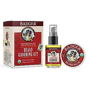 Badger Beard Grooming Kit, Beard Oil & Beard Balm, Babassu & Jojoba, Certified Organic, Facial Hair Leave-in Conditioner
