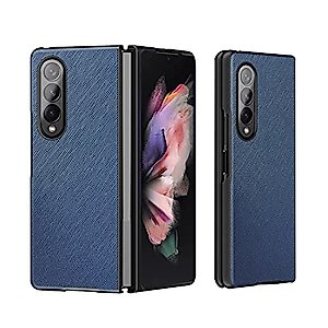 ZYKY Phone Case for Galaxy Z Fold 3, Genuine Leather Protection Cover PC Hard Shockproof Back Cover Protector Case Shell Compatible with Samsung Galaxy Z Fold 3 5G (Blue)