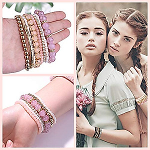 SAILIMUE 4 Sets Bohemian Stackable Bead Bracelets for Women Multicolor Stretch Beaded Bracelets Layered , Adjustable Bracelet Pink Black Turquoise Stretch Bracelets