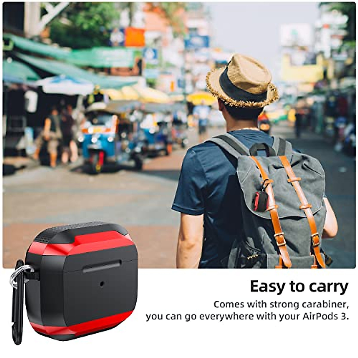 MUCOKE Compatible with AirPods 3 Case 2021, Aluminum Alloy and Shockproof TPU Protective Cover, Compatible with AirPods 3rd Generation Case, with Keychain (Red Black)