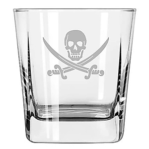 12 oz Square Base Rocks Whiskey Double Old Fashioned Glass Jolly Roger Pirate