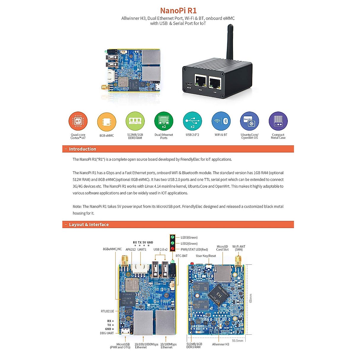 NanoPi R1 Allwinner RAM 1GB H3 Dual Ethernet Port, Wifi & BT, onboard eMMC with USB & Serial Port for loT