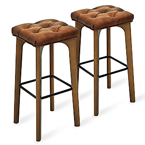 BarEasy Bar Height Stools, 2pcs Leather Wood Bar Stoolst for Kitchen Island(Brown) 1