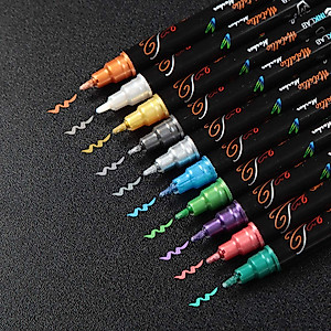 INK LAB Metallic Marker Pens Dual Tip 10 Colors Metallic Pens for Card Making Rock Painting Album Scrapbook Metal Wood Ceramic Glass, Medium & Brush Tip