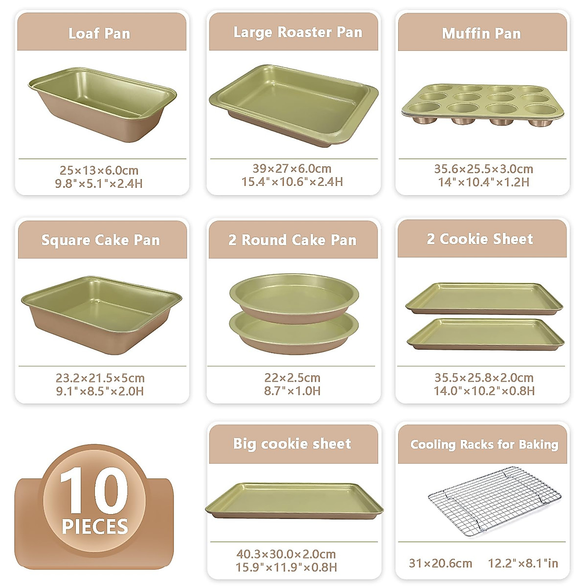 BETTERBEAUTY Nonstick Bakeware Set 10 Pcs, Professional Kitchen Bicolor Baking Pans Set with Cookie Sheets, Muffin Pan, Loaf Pan, Cake Pan and Cooling Rack, 0.8mm Thick/Dishwasher Safe/Heavy Duty