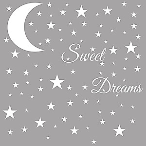 Stars and Moon Wall Decal with Sweet Dreams Quotes Wall Stickers Star Decals for Walls Nursery Wall Decal, White Vinyl Wall Moon Stars Removable Peel and Stick Wallpaper for Kids Girls Boys Bedroom