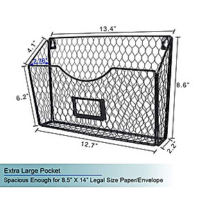 PAG 3 Pockets Hanging File Holder Wall Mount Mail Organizer Metal Chicken Wire Magazine Rack with Tag Slot, Black