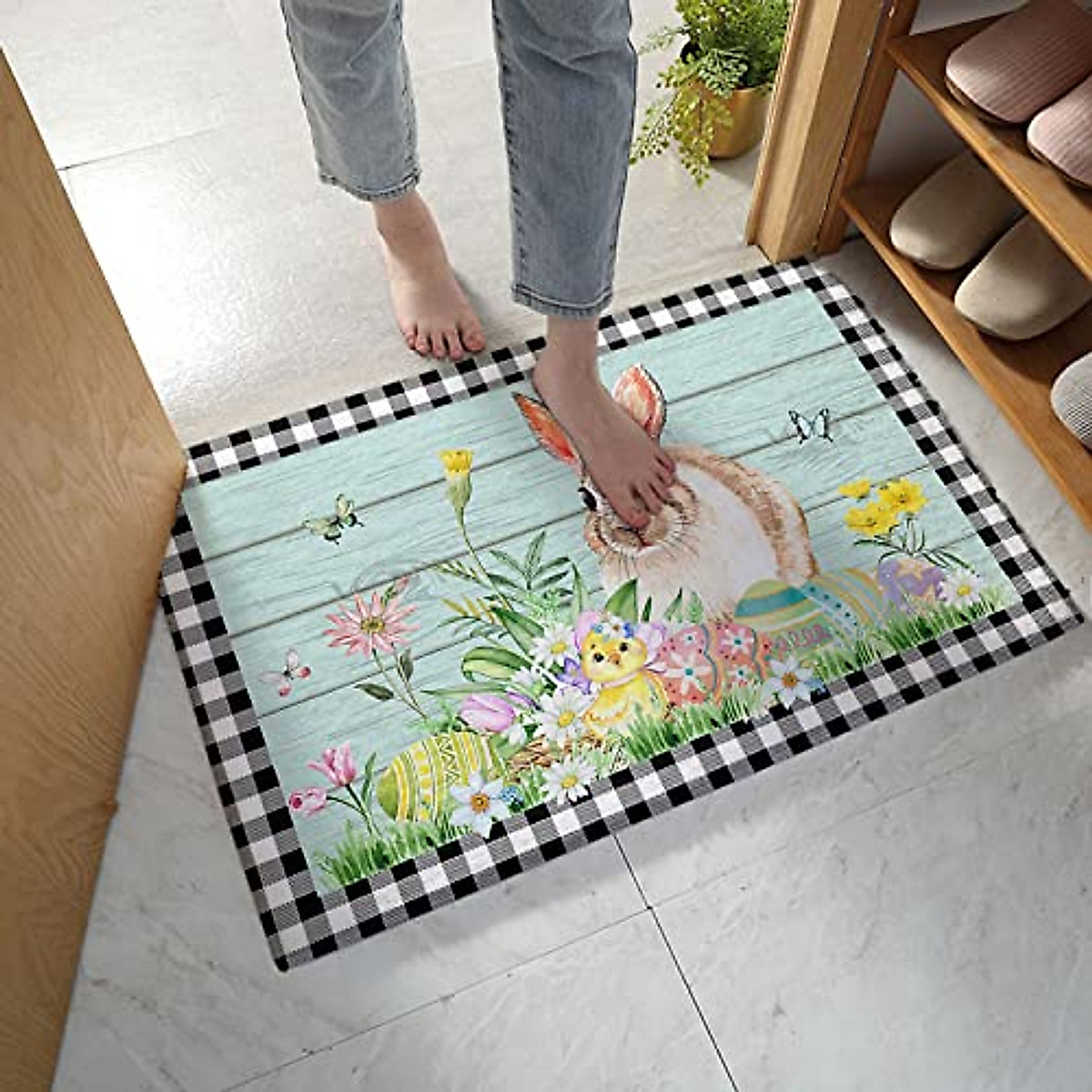 Easter Egg Bath Mat, Soft Absorbent Microfiber Plush Bathroom Rugs Mat Non Slip Doormat Floor Mat Carpet Easter Bunny Colorful Eggs Farm Chick Black Plaid 16x24