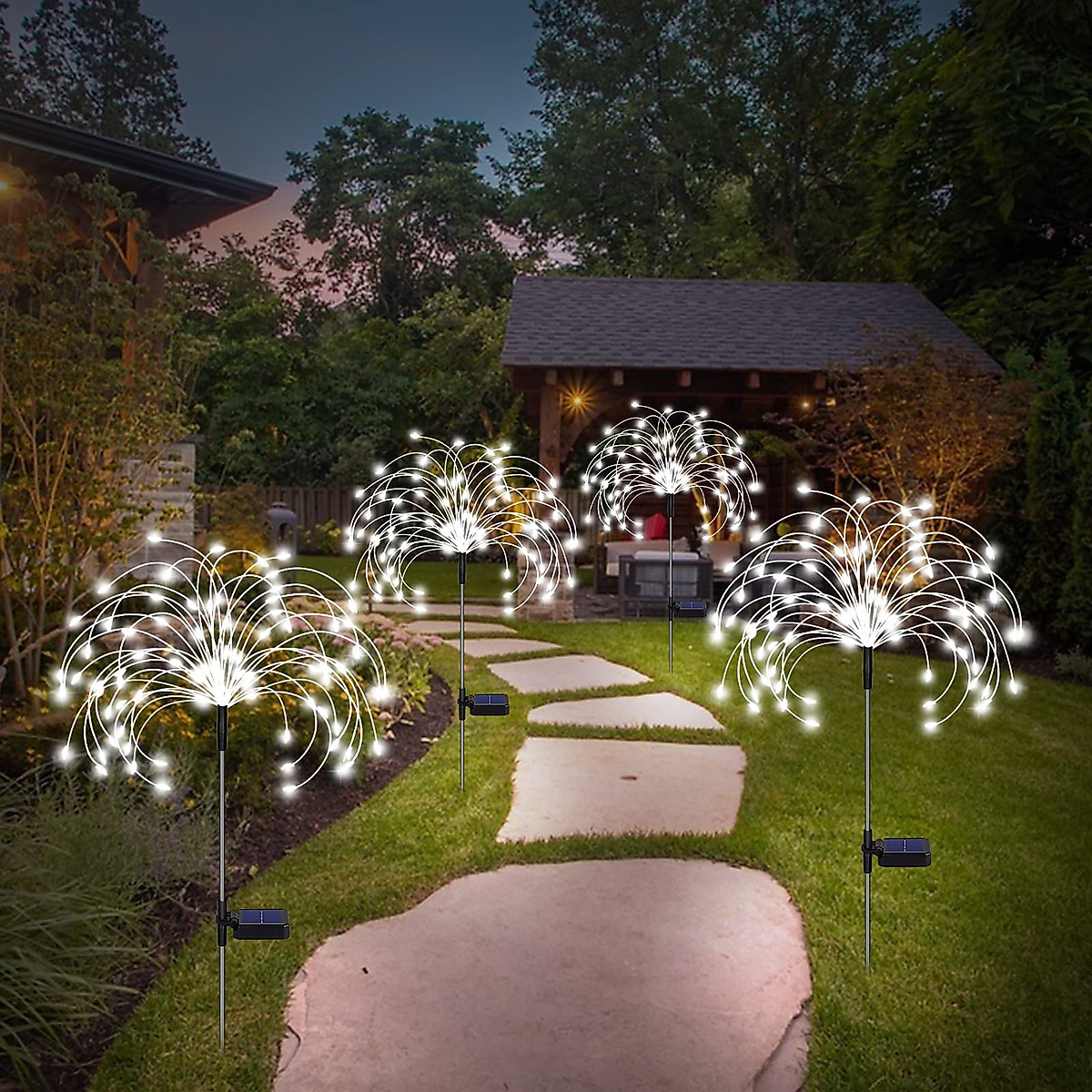 Solar Firework Lights - 4 Pack 120 LED Decorative Starburst Lights, 12 Hrs Working Time, for Garden Pathway, Courtyards, Wedding & Christmas Decor (Cool White)