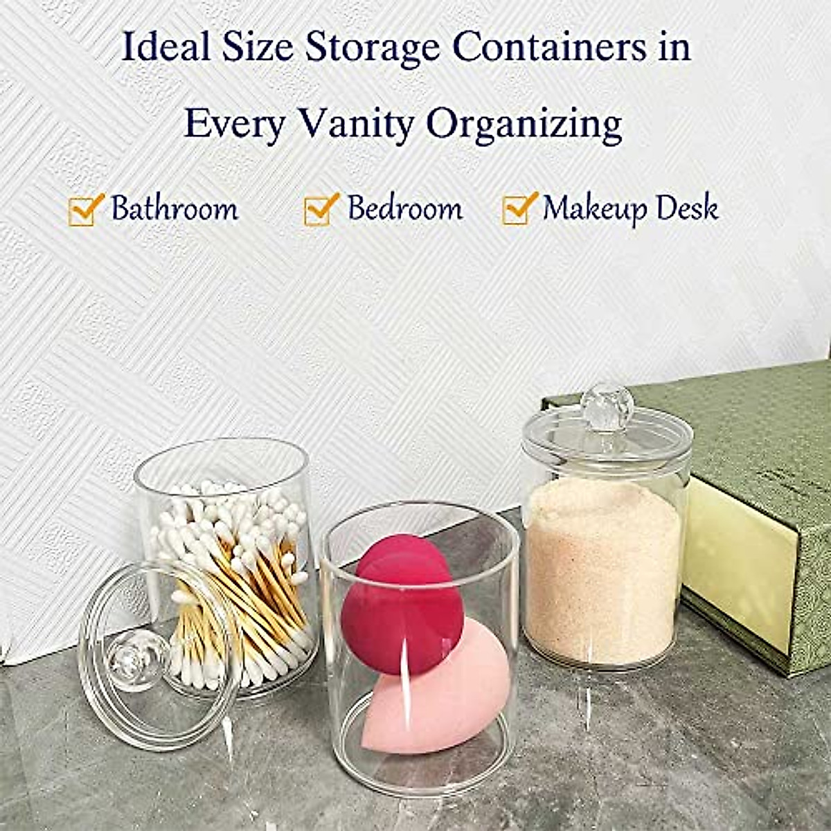 YUN-HL 3 Pack Apothecary Jars, Qtip Holder Dispenser for Cotton Ball Swab Round Pads Floss, Acrylic Cotton Swab Canister Holder, Bathroom Storage Organization Vanity Makeup Organizer