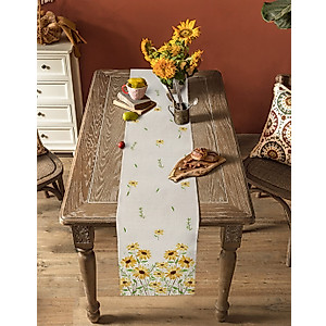 Spring Floral Table Runner 72 Inches Long Farmhouse Dress Scarves, Yellow Daisy Summer Botanical Rustic Linen Texture Dining Tablerunner for Coffee Table/Party/Kitchen Island Décor, 13" x 72"
