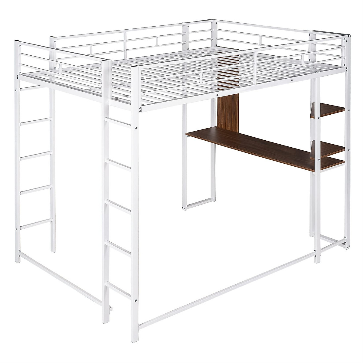 Full Loft Beds Metal Bed Frame Loft Bed with Desk and Bookcase, Full Size Loft Bed for Dorm, Boys & Girls Teens Kids, White