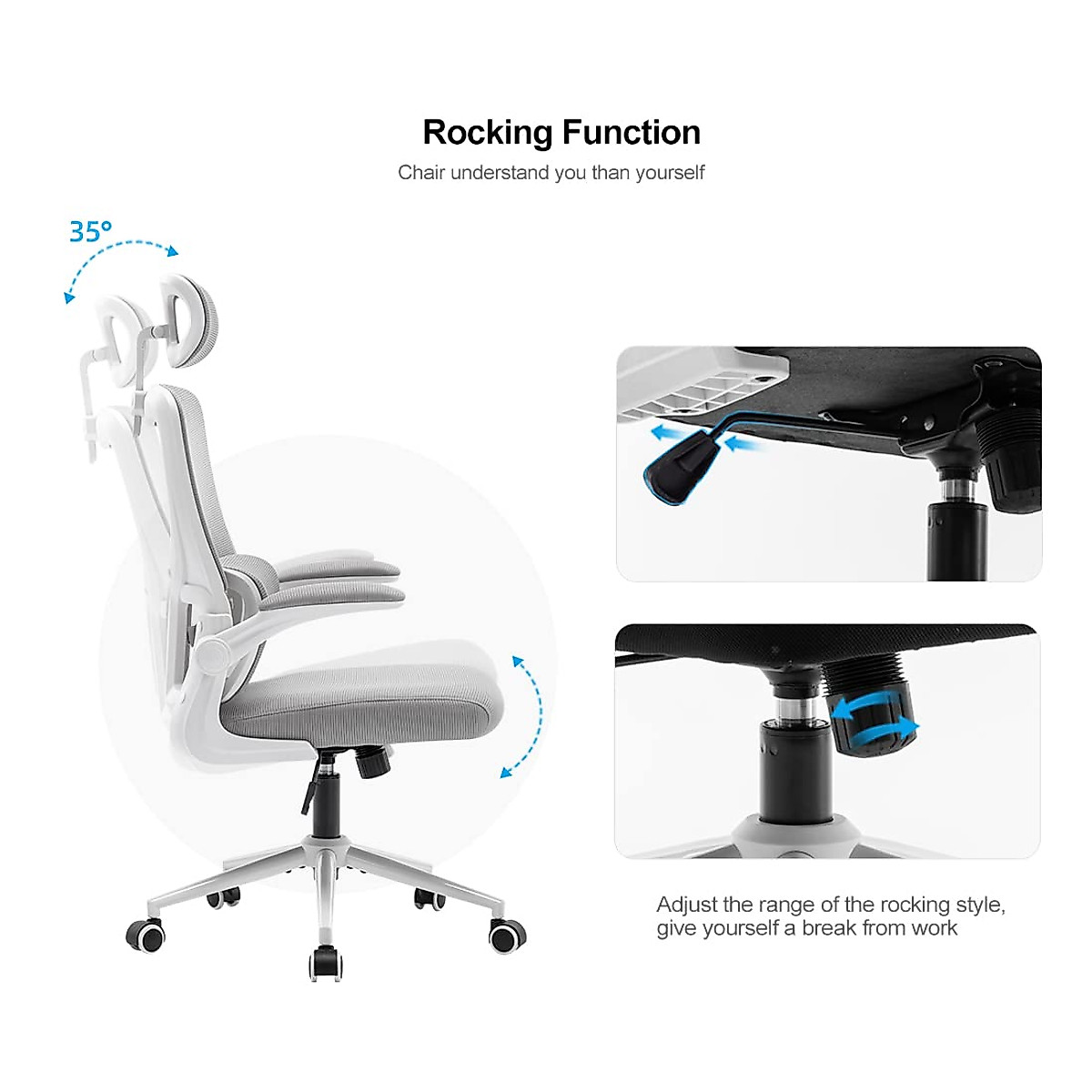 Office Chair Height-adjustable Ergonomic Desk Chair with Self-adaptive Lumbar Support Breathable Mesh Computer Chair High Back Swivel Task Chair with Adjustable Headrest and Flip-up Armrests - Grey