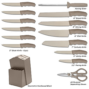 15 Piece Kitchen Knife Set with Block, Full-Tang High-Carbon Stainless-Steel Blades, Heavy Duty Handles, Gold Knife Set with Block, Knife Block Set, Modern Kitchen Essentials Chef Knife Set DFACKTO