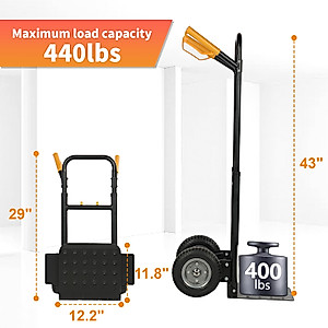 Hand Truck Heavy Duty, Folding Dolly 440lbs Capacity, Dolly Cart with Pneumatic Tire for Moving Home, Workshop, Office, Groceries, Furniture (440lb)