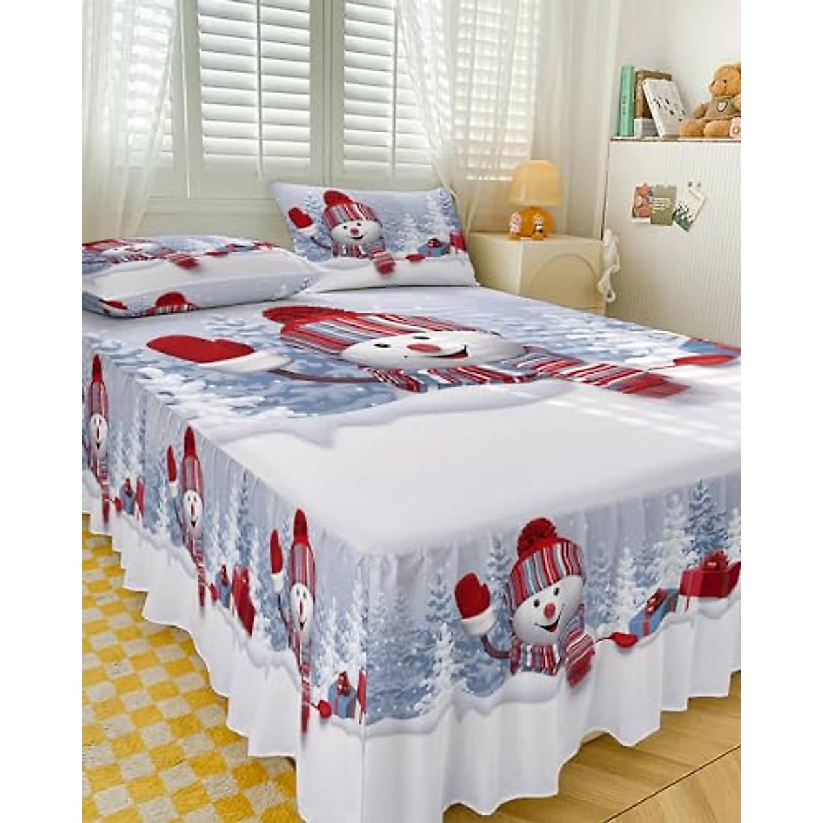 AMZRicher Winter Snowman Wrap Around Pleated Bed Skirts for Twin XL Bed 39x80, Decorative Dust Ruffle Bed Sheet & Bedskirt 18'' Drop Bedspread with Pillow Case 20x30 Christmas Forest Snowy Tree