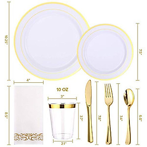 700 Count Gold Dinnerware Set-200 Plastic Plates- 300 Gold Plastic Silverware-100 Gold Plastic Cups-100 Disposable Hand Towel- Disposable Gold Dinnerware Set for Halloween, Christmas, Thanksgiving
