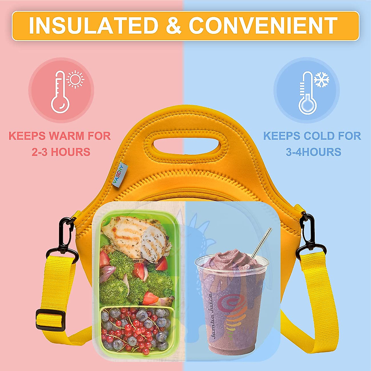 VASCHY Lunch Bag for Kids, Insulated Neoprene Lightweight Lunch Box Bag for Children Boys and Girls School Daycare Kindergarten Yellow Dinosaur