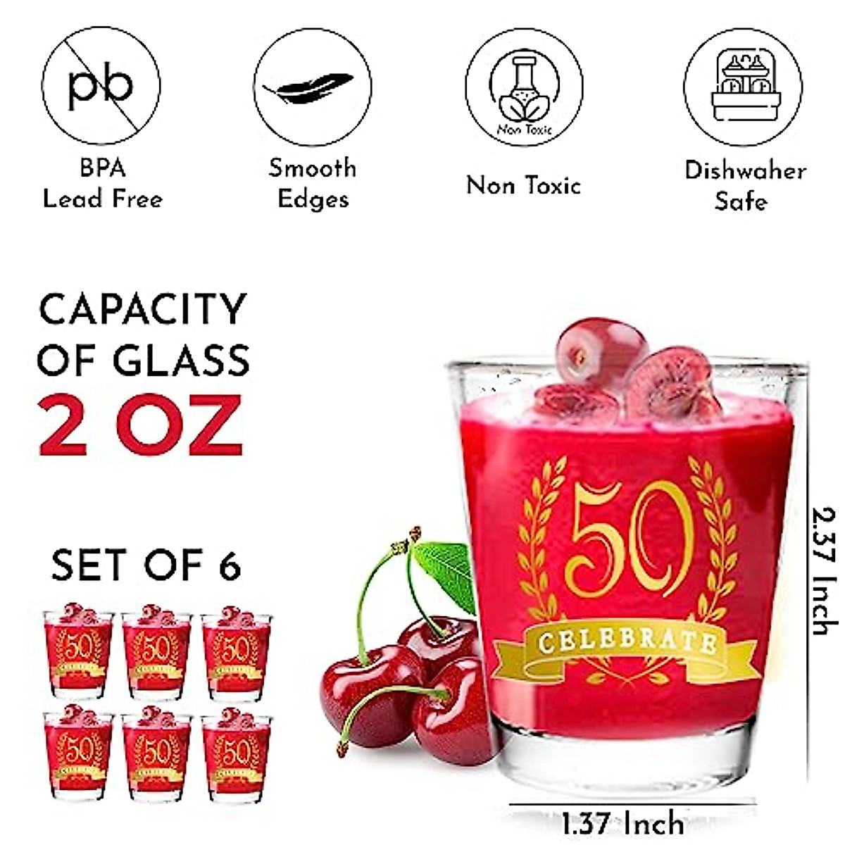 BISYATA 50th Birthday Gift or Birthday Decoration for Women Men - 50 Celebrate - 50th Shot Glass Set of 2-50th Gold Anniversary Decoration or Gift - 2oz - With Gift Box