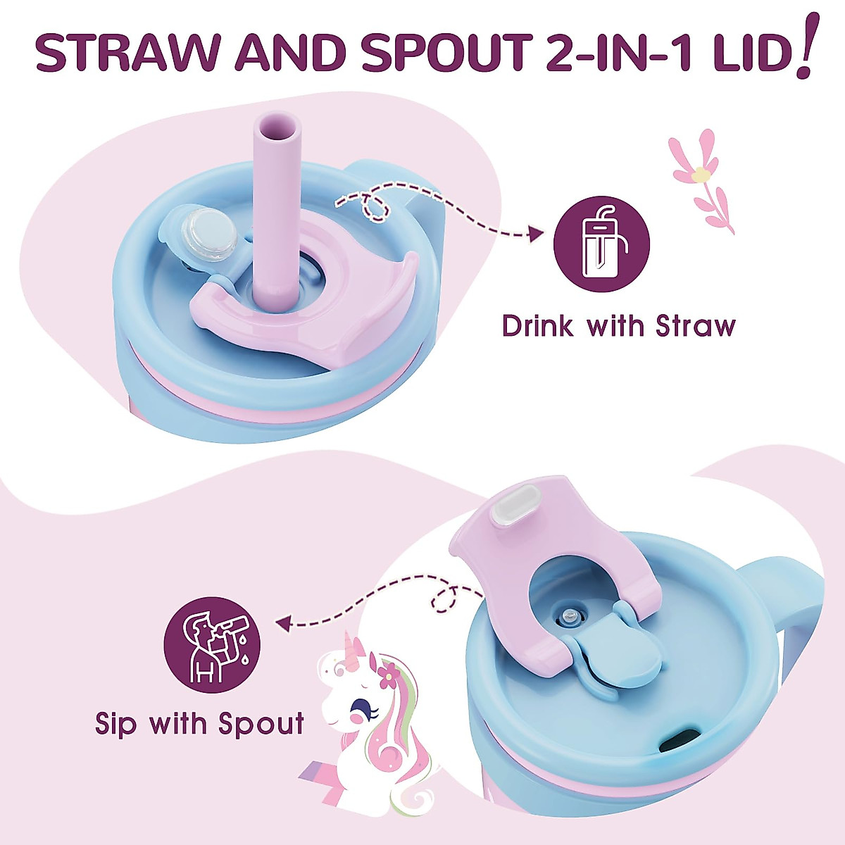 KXIAOCHEN 14 oz Kids Tumbler with Handle for Leakproof Insulated Stainless Steel Reusable Tumbler for Toddlers, Keeps Drinks Cold up to 24 Hrs, Pink Unicorn