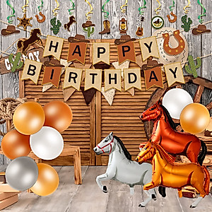 60PCS Cowboy Birthday Party Decoration Include 40 Inch Horse Shaped Foil Balloons Little Cowboy Happy Birthday Banner Cake Topper Hanging Swirls 12 Inch Latex Balloons for Western Party (Retro Style)