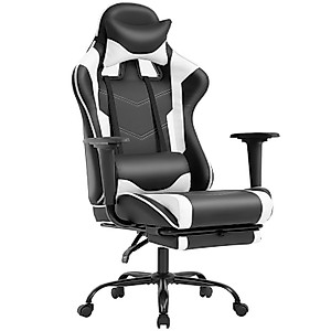 Gaming Chair with Footrest, Ergonomic Office Chair, Adjustable Swivel Leather Desk Chair, Reclining High Back Computer Chair with Lumbar Support and Headrest, Racing Style Video Gamer Chair