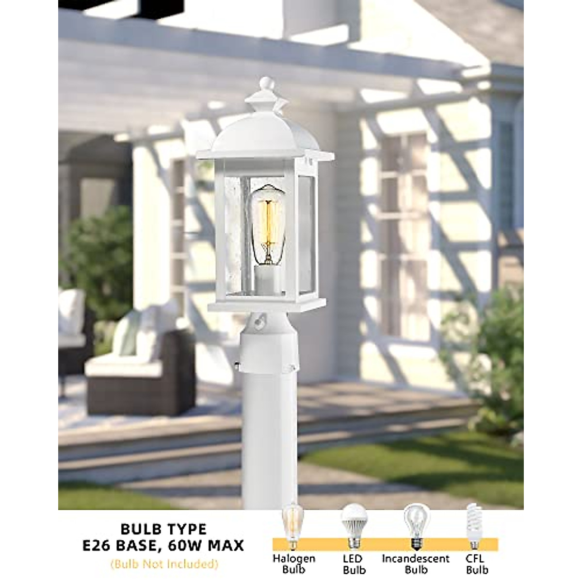 FEMILA Dusk to Dawn Outdoor Post Light, Waterproof Pole Lantern Light Fixture, Exterior Lamp Posts Outdoor Lighting for Garden Patio Yard Pathway Driveway, Seeded Glass Panel, 4FD54P-PC WH
