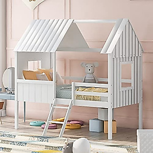 BOVZA Twin Playhouse Bed for Kids, Wood House Low Loft Bed with Two Side Windows and Roof for Girls and Boys Bedroom, White