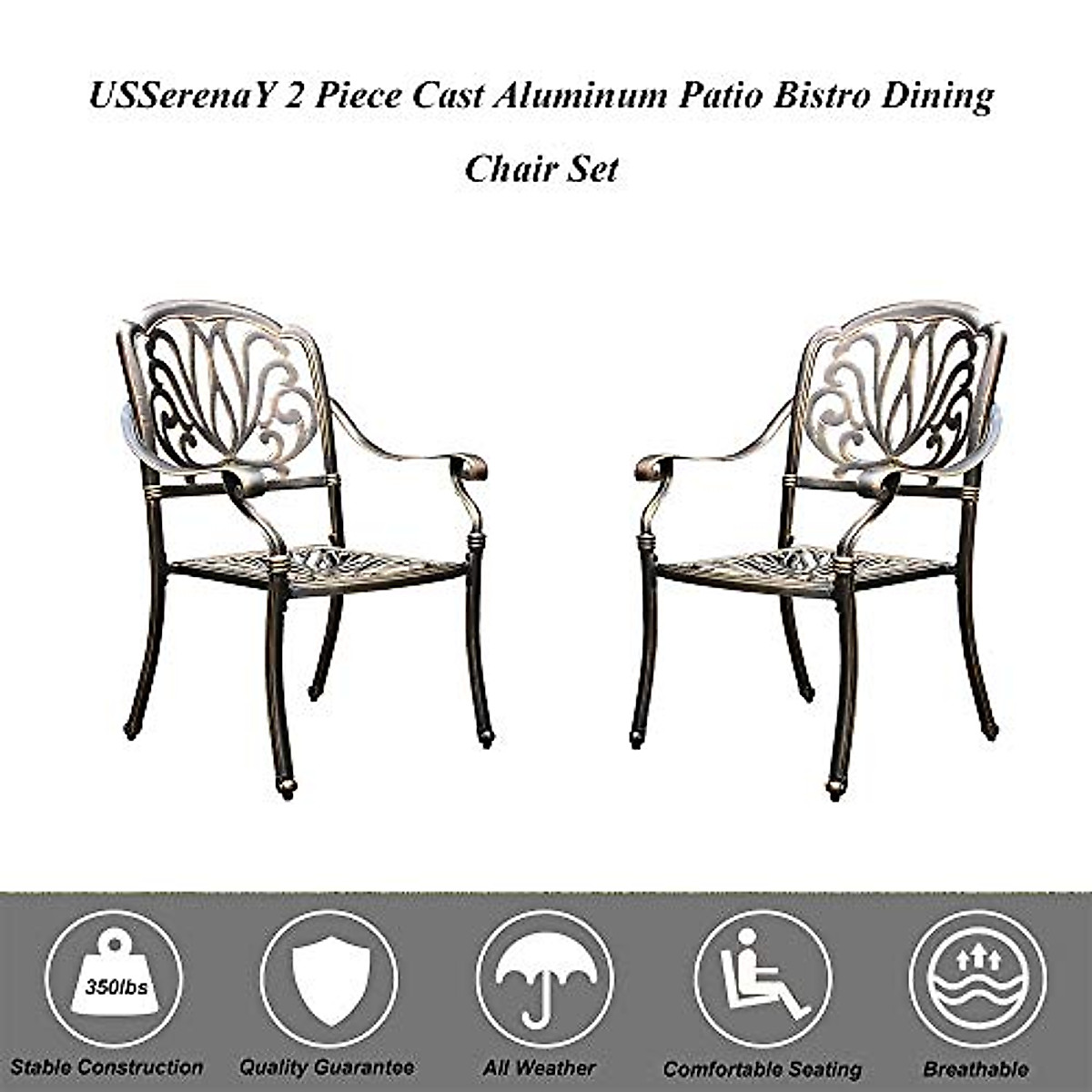 USSerenaY 2 Piece Cast Aluminum Bistro Chair Set Outdoor Bistro Patio Furniture Sets (2 Chairs Set-Flower)