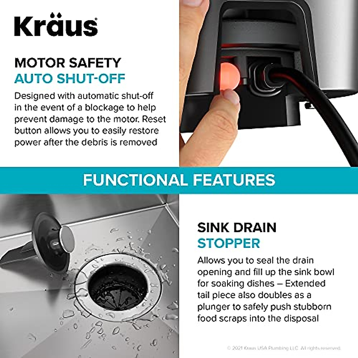 Kraus KWD100-75MBL WasteGuard Continuous Feed Garbage Disposal with 3/4 Horsepower Ultra-Quiet Motor for Kitchen Sinks with Power Cord and Flange Included, 15.25 inch, Black