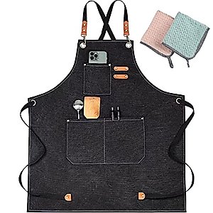 JINSHANGTOPK Chef Apron, Aprons for Men, Adjustable Strap Cotton Canvas Cross Back Apron with Large Pockets for Women and Men Kitchen Cooking Baking Bib Apron(Black)