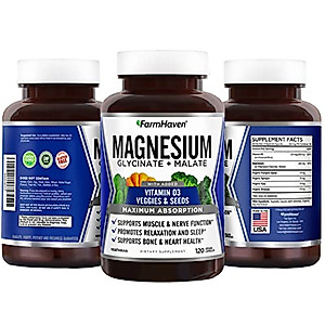 FarmHaven Magnesium Glycinate & Malate Complex w/Vitamin D3, 100% Chelated for Max Absorption, Vegan – Bone Health, Nerves, Muscles, 120 Capsules, 60 Days