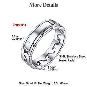 FOCALOOK Womens Stainless Steel 5.5mm Wide Band Cuban Link Chain Ring (Silver,7)