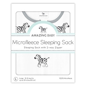 Amazing Baby Microfleece Sleeping Sack, Wearable Blanket with 2-way Zipper, Use after Swaddle Transition, Zebras, Soft Black, Small (0-6 mo)