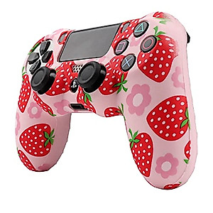 RALAN Pink Controller Skins for PS4, Fruit Silicone Controller Cover Skin Protector Compatible /PS4 Slim/PS4 Pro Controller with 2 Cute Thumb Grips Caps
