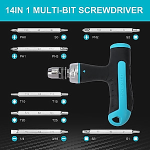 DURATECH 14-in-1 Screwdriver Set, Multi-Bit Ratcheting Screwdriver Set Tool All in One with Quick-load Mechanism, 7PCS Phillips, Slotted, Torx, Square S2 Steel Bits, T-Handle, for Outdoor & Daily Use