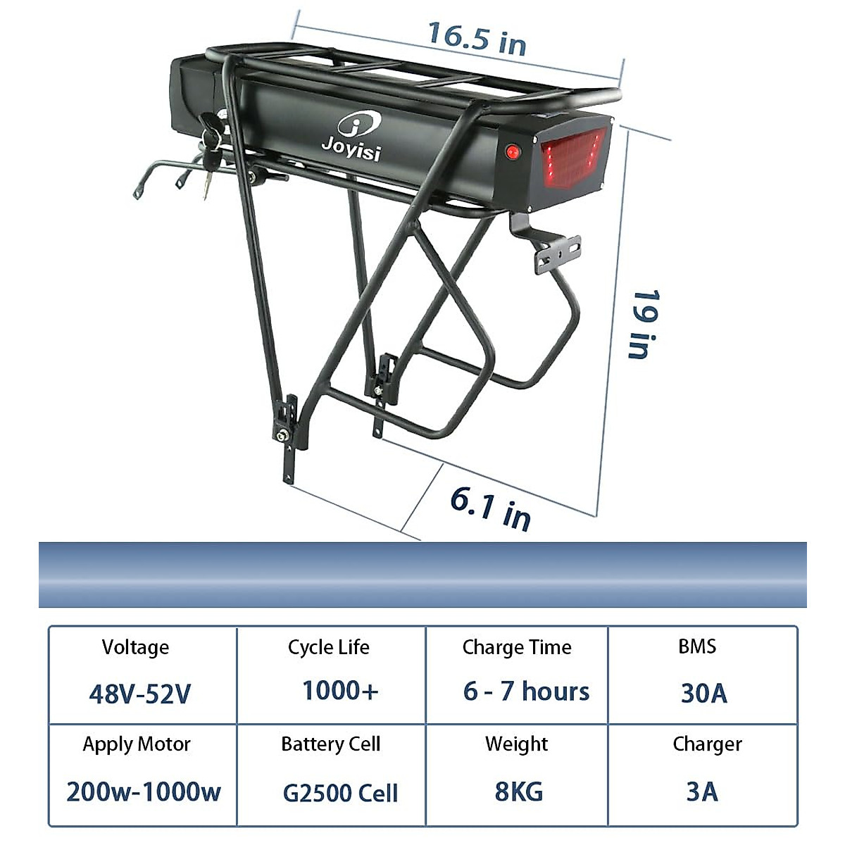 Joyisi Ebike Battery 52V 20AH, Lithium Ion Battery with Charger, USB Port and Taillight, Electric Bike Battery for 1000W 750W 500W 250W E-Bike Motor Kit