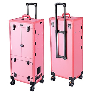 Pink Rolling Makeup Case with Mirror Light Pro Large Cosmetic Artists Hair Stylist Barber Organized Trolley Lockable