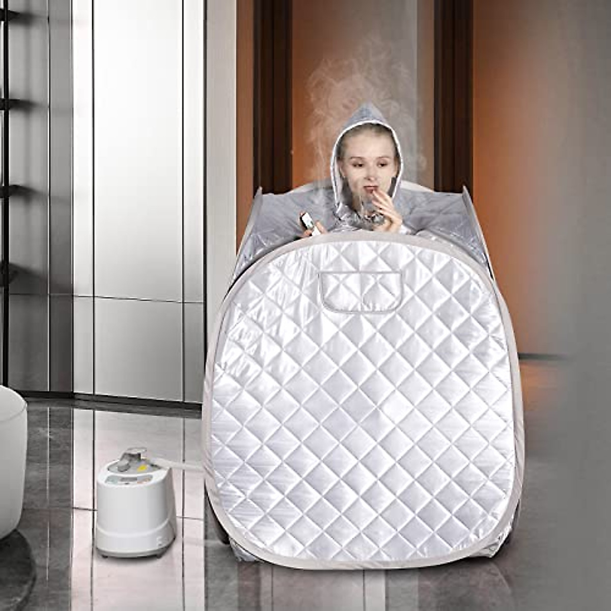 Smartmak Portable Sauna Kit, one Person Full Body at Home Spa Hat Tent, Include 2L Steamer with Remote Control for Detox US Plug- Grey
