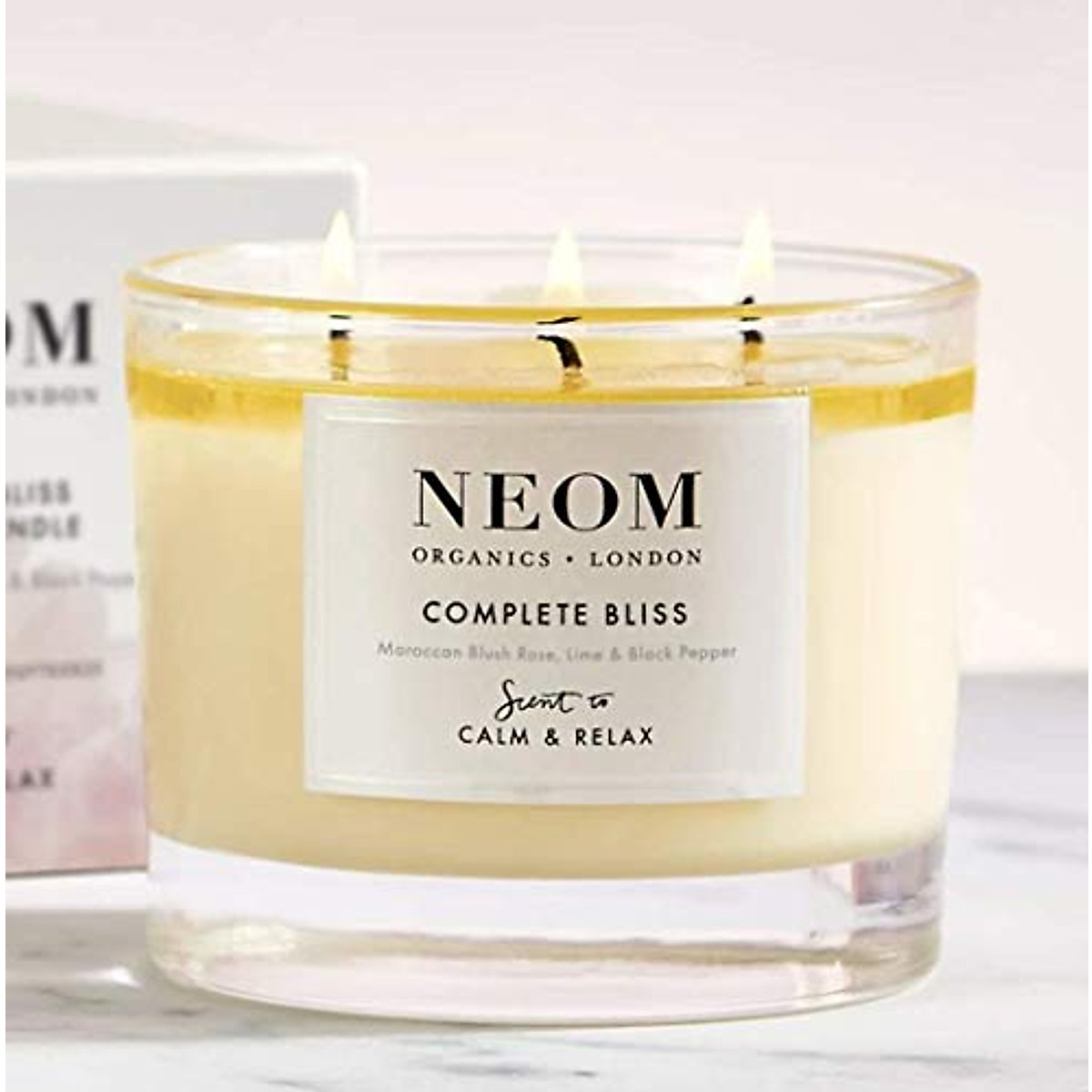 NEOM- Complete Bliss Scented Candle, 3 Wick | Blush Rose, Lime & Black Pepper | Essential Oil Aromatherapy Candle | Scent to De-Stress
