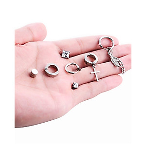 Ofeiyaa 7 Pairs Magnetic Stud Earring Stainless Steel CZ Clip On Earring Non- Piercing Huggie Chain Pendant Earring Feather Hinged Hoop Earrings Set For Women Men Silver Tone.