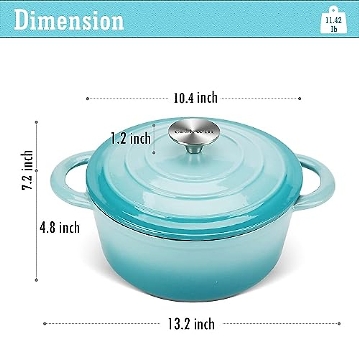 COOKWIN Enameled Cast Iron Dutch Oven, 5 QT Bread Baking Pot with Self Basting Lid, Non-stick Enamel Coated Cookware Pot, Great Christmas Gifts for Family, Teal