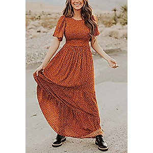 Women's Summer Dresses 2023 Round Neck Flutter Short Sleeve Casual Flowy Smocked Floral Maxi Long Dress Caramel L