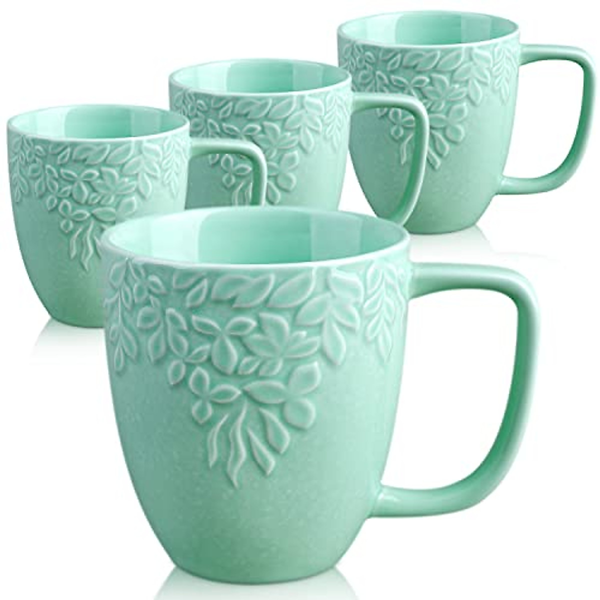 toptier Coffee Mugs Set of 4, 16 Ounce Ceramic Mug Coffee Mugs with Large Handle for Men, Women, Leaf Design Coffee Cups Gift for Coffee, Tea, Milk, Cocoa, Cereal, Green