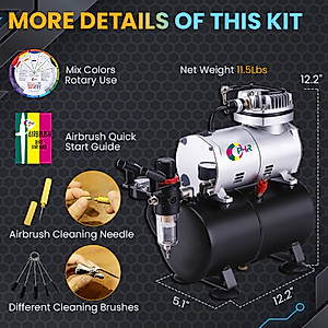 OPHIR 110V Pro Airbrush Kit Air Brush Compressor with Tank 0.2mm 0.3mm 0.8mm Airbrushes & Cleaning Kit for Model Hobby Painting Body Tattoo Airbrush Set,Color Wheel