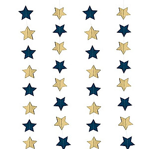 Mefuny 30 Feet Navy Blue Gold Party Decorations Paper Star Garlands Star String for Bachelorette Engagement Wedding Party Supplies Baby Shower Decorations (4pcs)