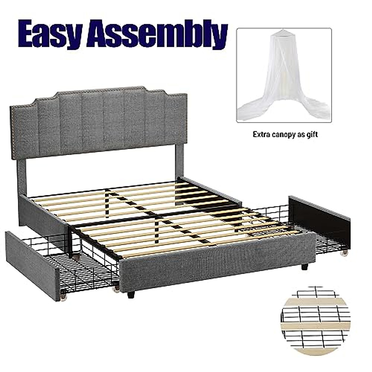 Queen Size Linen Upholstered Platform Bed Frame with 2 Big Drawers, Modern Rivets Design Platform Bed with Stitched Padded Headboard & Wood Slats Support for Bedroom, No Box Spring Needed (Grey)