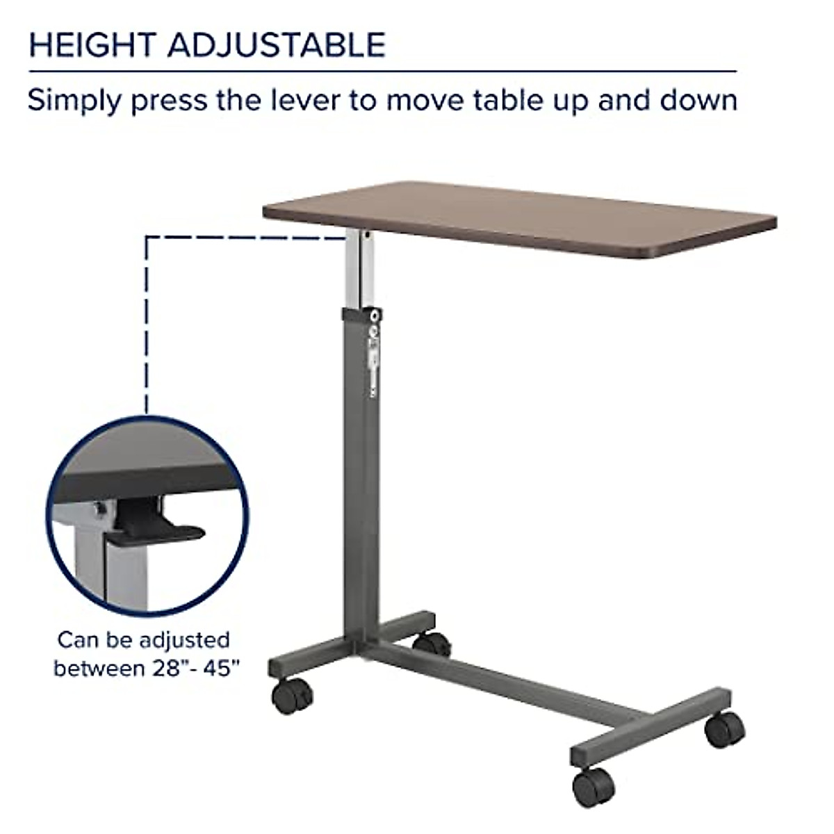 Drive Medical 13067 Adjustable Non Tilt Top Overbed Table With Wheels for Hospital and Home Use, Standing Desk, Silver Vein