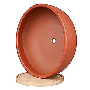 SQOWL 10 Inch Large Terracotta Planter Pot,Clay Succulent Bonsai Planter with Drainage Hole and Bamboo Saucer for Indoor Plants
